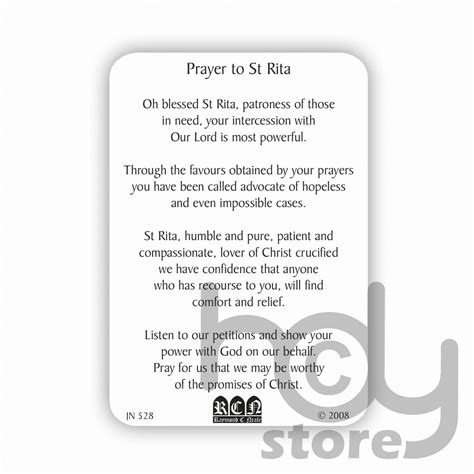 Prayer To St Rita Prayer Card
