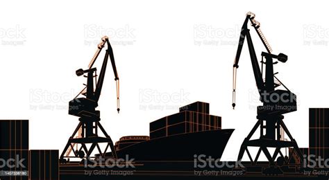 부두에 컨테이너 선박이있는 실루엣 상업 항구와화물 크레인이 흰색 배경에 고립되어 있습니다 컨테이너선에 대한 스톡 벡터 아트 및