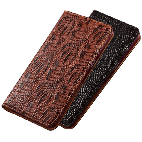 Funda de piel auténtica de cocodrilo para teléfono con ranura para