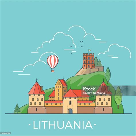 리투아니아 국가 디자인 서식 파일 선형 평면 유명한 역사적인 광경 만화 스타일 웹 사이트 벡터 일러스트 레이 션 세계 여행 하 고 유럽 유럽 휴가 컬렉션의에서 명소