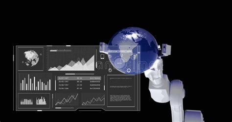 Image Of Data Processing Over Robot S Arm Holding Globe On Black