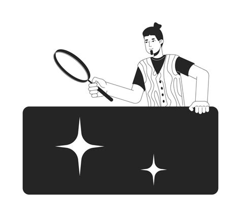 Male Analyst Researching Data Block Black And White 2d Line Cartoon Character Bearded Man Using