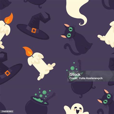 할로윈 완벽 한 패턴입니다 마녀 모자 고양이 촛불 유령 벡터 일러스트 레이 션 0명에 대한 스톡 벡터 아트 및 기타 이미지 0명 10월 가마솥 Istock