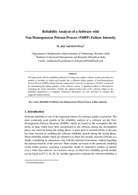 Reliability Analysis Of A Software With Non Homogeneous Poisson Process