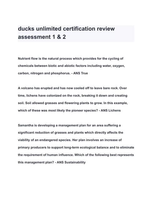 Ducks Unlimited Certification Review Assessment 1 And 2 Questions