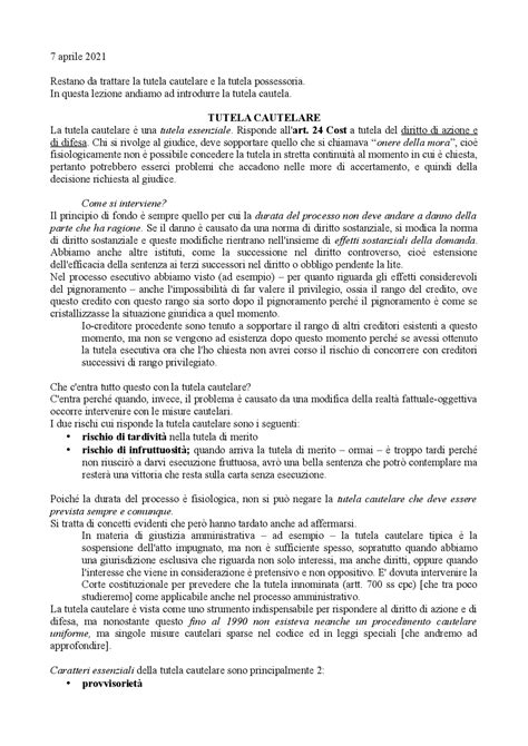 I Procedimenti Cautelari Profili Generali Docsity