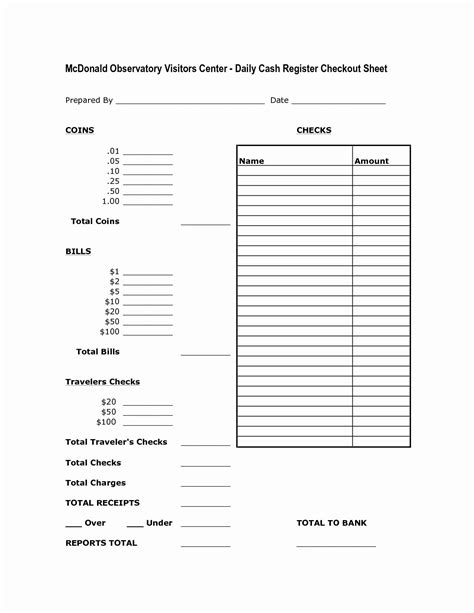 Free Excel Templates Cashier Balance Sheet