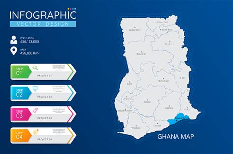 위치 포인터 표시가 있는 가나 지도 분할 도시 및 자본 인포 그래픽 벡터 템플릿이있는 높은 상세한 국가지도 0명에 대한 스톡 벡터 아트 및 기타 이미지 Istock