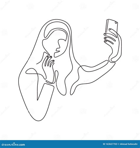 Young Girl Taking Selfie Continuous One Line Drawing Woman Take A Picture Using Mobile Phone Or