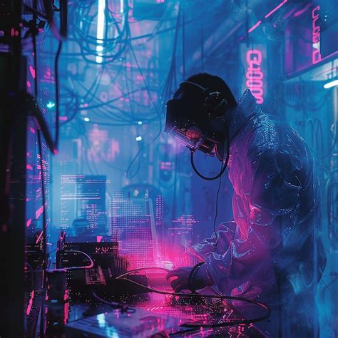 a cyberpunk programmer in a neonlit virtual world premium ai