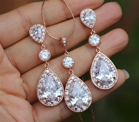 Rose Gold Jewelry Set Rose Gold Bridal Jewelry Set Earring Etsy