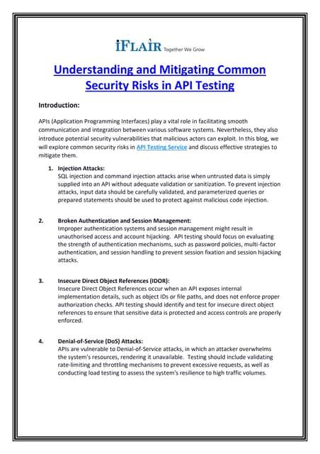 Understanding And Mitigating Common Security Risks In Api Testingpdf