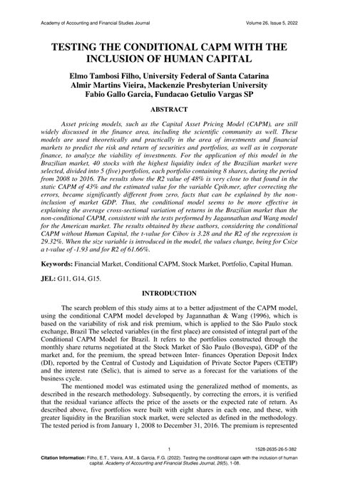 Pdf Testing The Conditional Capm With The Inclusion Of Human Capital