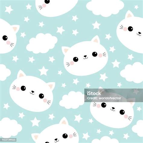 완벽 한 패턴입니다 하얀 고양이 얼굴입니다 하늘에 구름 별입니다 귀여운 만화 귀 엽 다 재미 웃는 아기 캐릭터 포장지 섬유 템플릿 보육 장식 파란색 배경입니다 평면 디자인