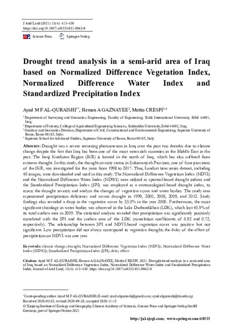 Pdf Drought Trend Analysis In A Semi Arid Area Of Iraq Based On Normalized Difference