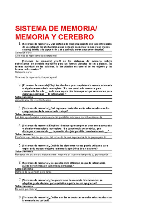 Modelo De Examen Neuro 2do Parcial Sistema De Memoria Memoria Y