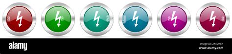 Electricity Power Energy Silver Metallic Vector Icon Set Round