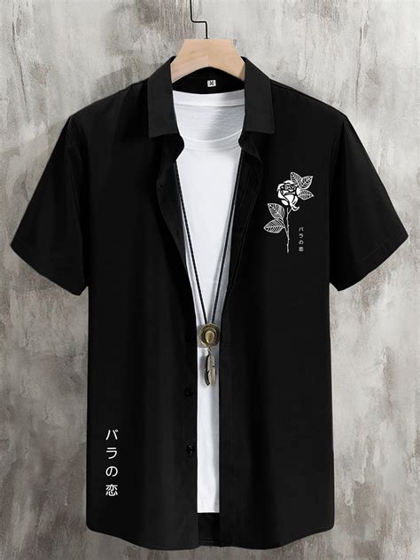 Black Casual Collar Short Sleeve Polyester Floralletter Shirt