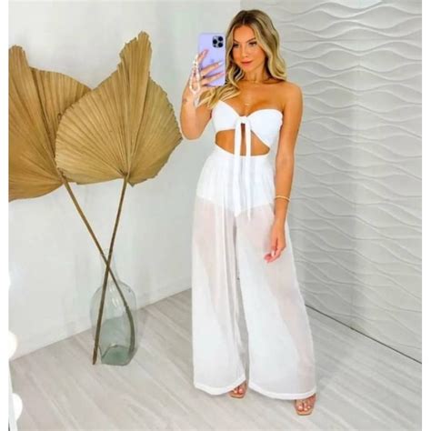 Conjunto Feminino Cropped Multiformas e Calça Tule Pantalona