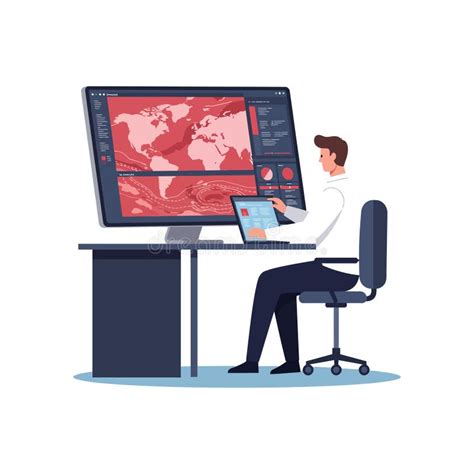 man analyzing world map and data on computer and tablet flat digital