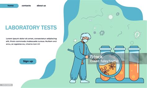 과학자 연구 랜딩 페이지 과학 노동자들은 병원체를 연구합니다 실험실 실험을 하는 의료 캐릭터 남자는 현미경이나 시험관으로 일합니다 벡터 랩 웹 사이트 템플릿 실험실에 대한