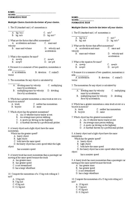 Formative Test Questions Answer Key Name