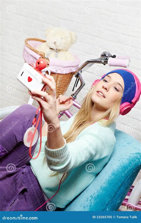 Girl Enjoys Listening Music In Headphones Stock Image Image Of Eyes