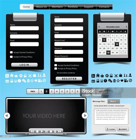 Moderne Registrierung Anmeldeformular Kalender Und Videoplayerset Stock