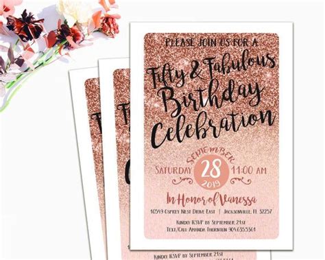 Rose Gold Glitter Fifty And Fabulous 50th Birthday Invitation Etsy