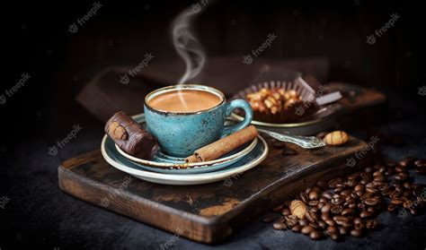 Une Tasse De Café Parfumé Sur Le Dune Planche Rustique Avec Des Grains