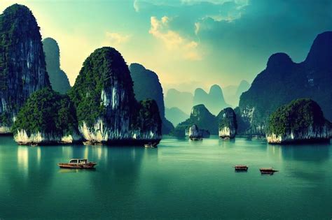 하롱베이ha Long Bay 베트남 석회암 형성물이 푸른 물에서 분출되어 유네스코 세계 문화 유산으로 지정되었습니다