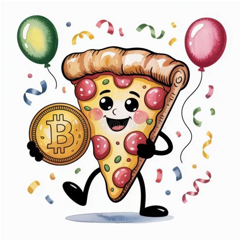 Fun Loving Pizza Character Celebrating With Balloons And A Bitcoin Coin In A Joyful Atmosphere