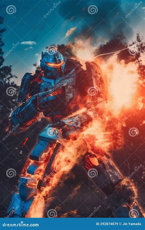 Robot With Fire On His Body In The Forest At Night Stock Illustration
