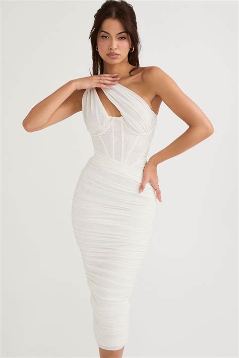 Sexy Cutout One Shoulder Ruched Bodycon Mesh Corset Midi Dress White