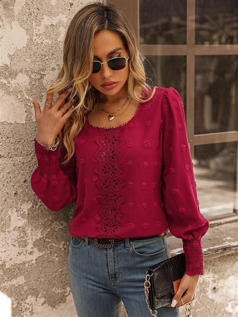 Swiss Dot Guipure Lace Insert Lantern Sleeve Blouse Shein Uk