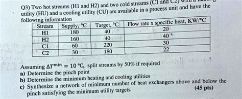 Solved Q3 Two Hot Streams H1 And H2 And Two Cold Streams C1 And C2