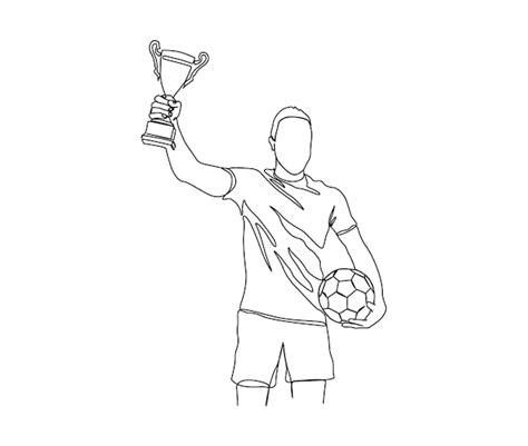 공과 트로피를 들고 축구 선수의 연속 한 선 그리기 축구 트로피 간단한 라인 아트 벡터 디자인 프리미엄 벡터