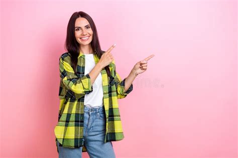 Photo Of Cheerful Sweet Lady Wear Checkered Jacket Pointing Two Fingers
