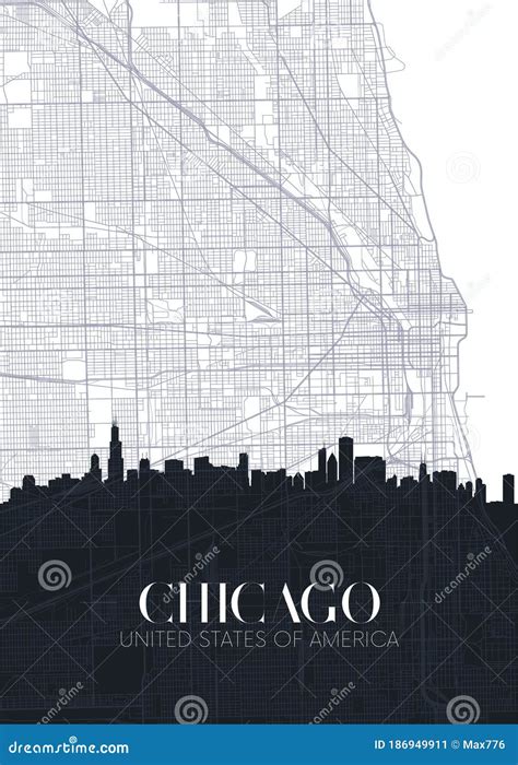 Skyline And City Map Of Chicago Detailed Urban Plan Vector Print