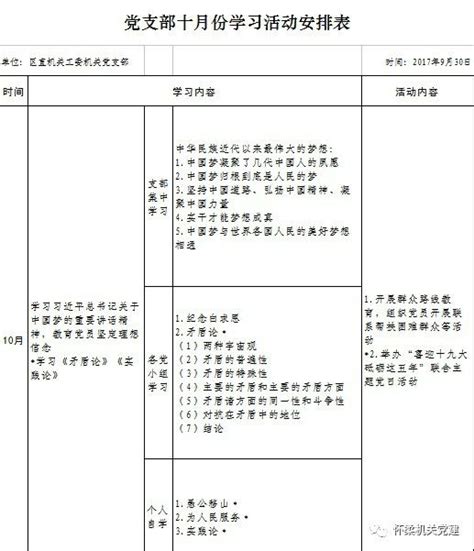 区直机关工委机关党支部十月份学习活动安排表