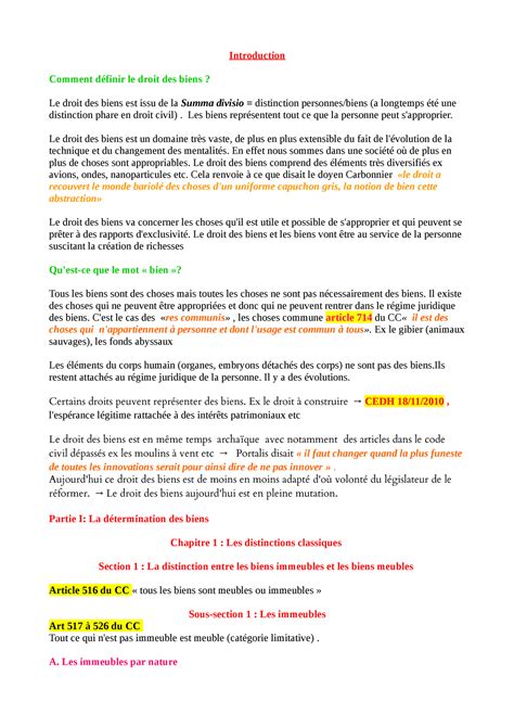 Fiche droit des biens Introduction Comment définir le droit des biens Le droit des biens est
