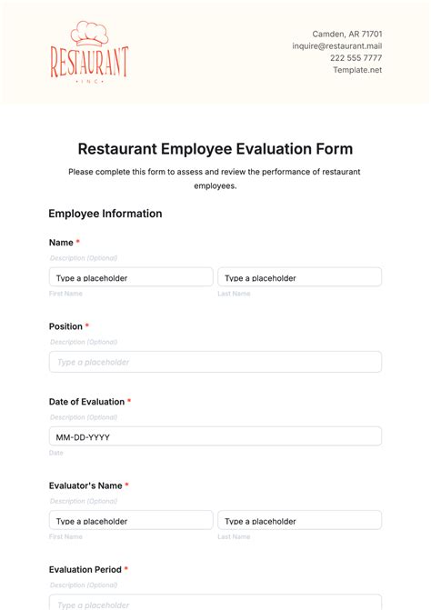 Free Restaurant Employee Performance Evaluation Form Template To Edit