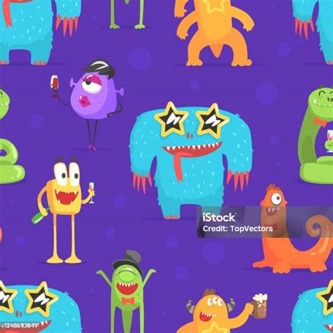 귀여운 재미있는 괴물 캐릭터 원활한 패턴 쾌활한 친절한 환상적인 생물 디자인 요소는 배경 화면 포장 배경 벡터 일러스트에 사용할 수 있습니다 귀여운에 대한 스톡 벡터 아트