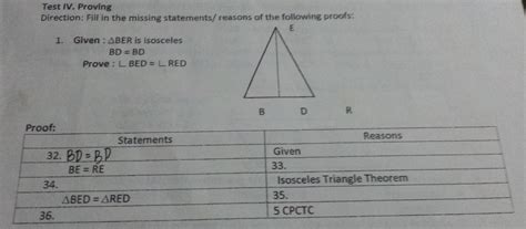 Solved Test IV Proving Direction Fill In The Missing Statements
