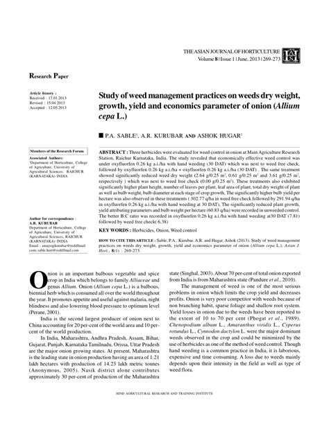 (PDF) Study of weed management practices on weeds dry weight, growth, yield and economics ...