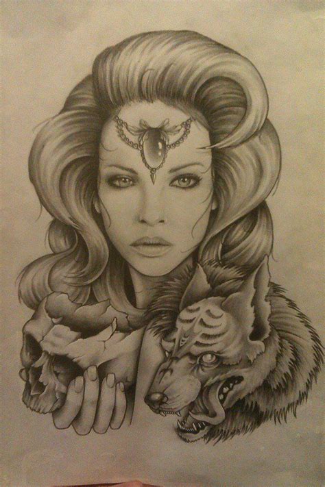 A Pencil Drawing Of A Woman Holding A Wolf With Her Face Painted On The