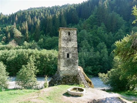 Panoramic View Of Medieval Svan Love Tower On The Banks Of Enguri River