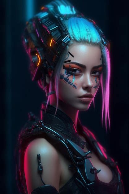 Premium Ai Image Cyber Women Goth Neon Punk Robot Android Girl Frontal View Portrait Ai Generated