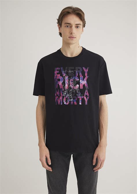 Rick And Morty Baskılı Siyah Tişört Mavi