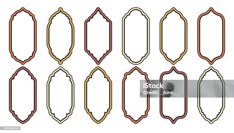 전통적인 이슬람 창문은 동양 스타일의 모양입니다 다채로운 이드 무바라크 프레임 국경 또는 모로코 게이트 세트 아랍 무슬림 건축 디자인 요소 라마단 프레임 0명에 대한 스톡